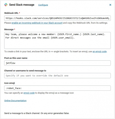 Send Slack message – automate WordPress with a workflow plugin – jetFlow.io